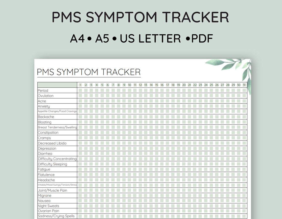 Printable PMS Symptom Tracker, Period Tracker, Monthly Menstrual Cycle ...