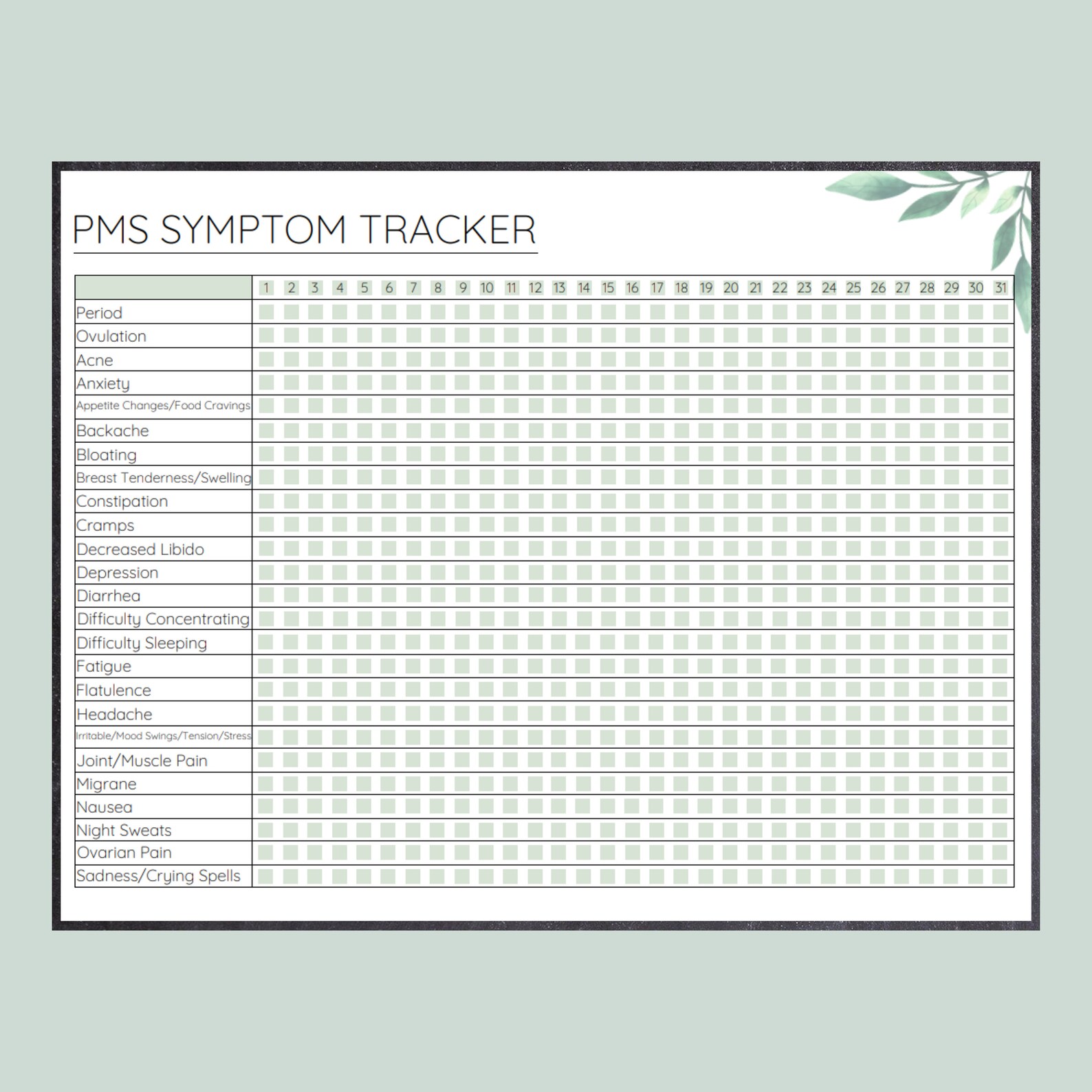 Printable PMS Symptom Tracker, Period Tracker, Monthly Menstrual Cycle ...