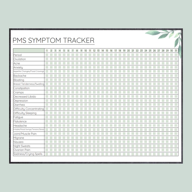 Printable PMS Symptom Tracker, Period Tracker, Monthly Menstrual Cycle Tracker, Ovulation ...