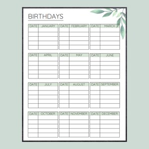 Printable Birthday Tracker Page Insert, Birthday Calendar, Birthday ...