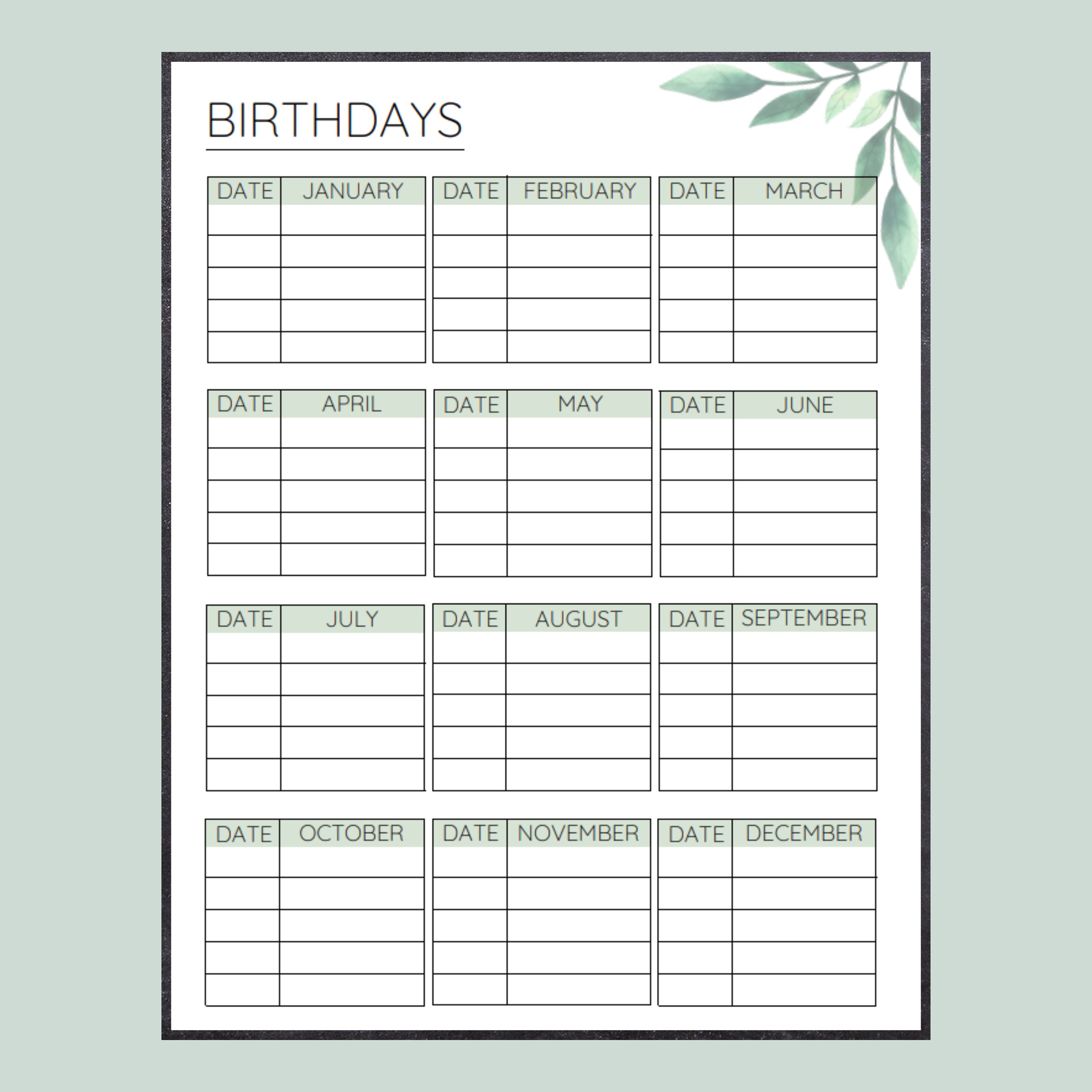 Printable Birthday Tracker Page Insert, Birthday Calendar, Birthday ...
