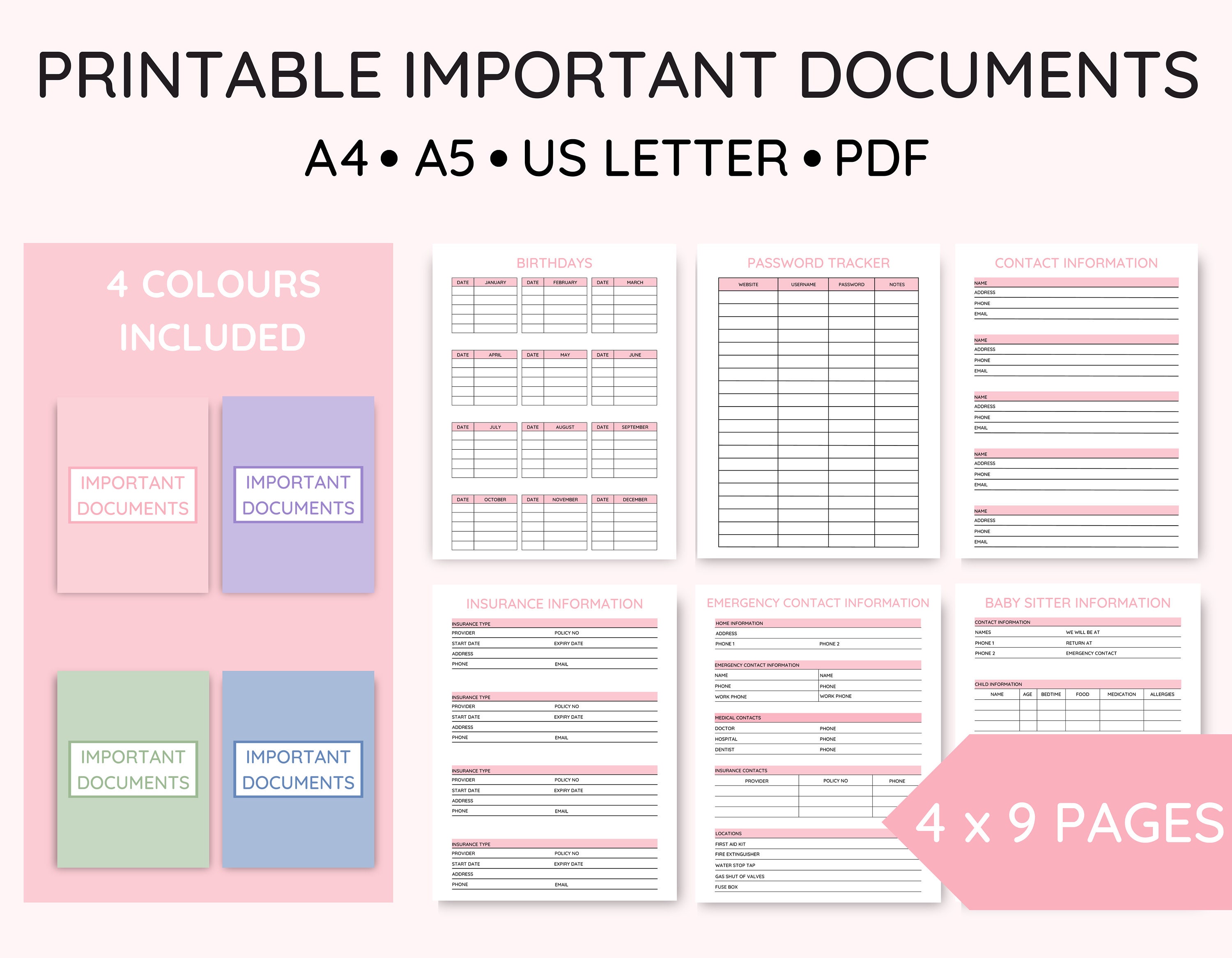 Printable Emergency Binder, Important Documents Bundle, Insurance ...