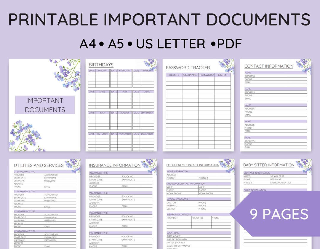 Printable Emergency Binder, Important Documents Bundle, Insurance ...