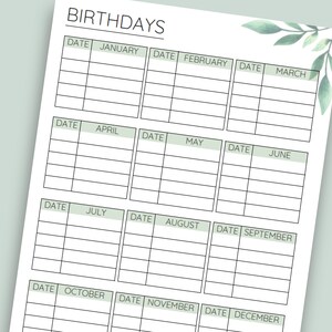 Printable Birthday Tracker Page Insert, Birthday Calendar, Birthday ...