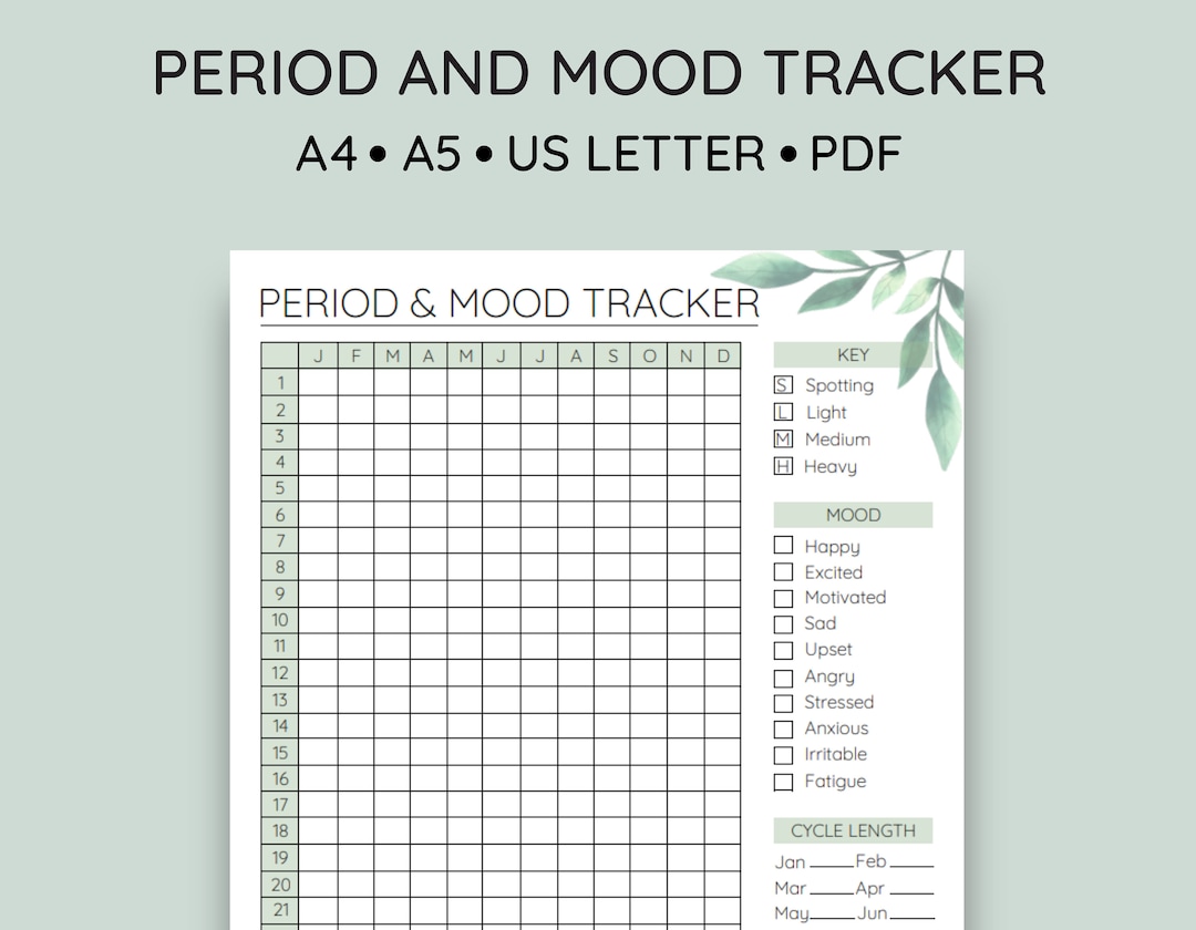 Printable Period and Mood Tracker, Monthly Menstrual Cycle Tracker ...
