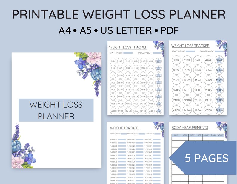 Printable Weight Loss Planner Bundle in Pounds & Kilograms Lbs Kg, Body ...