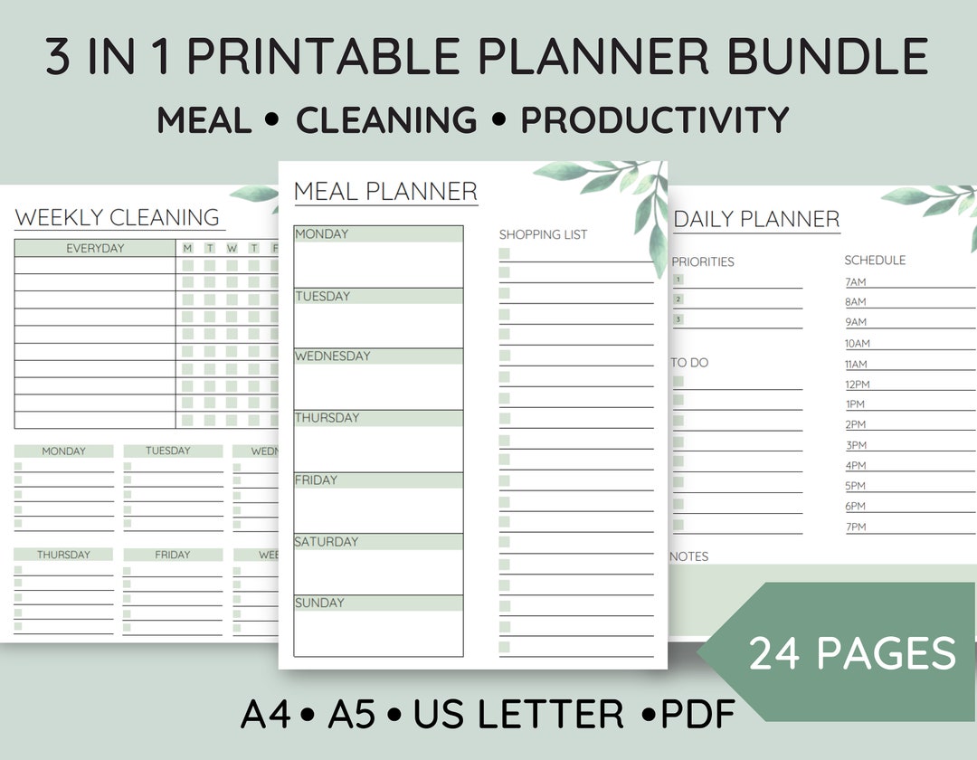 3 in 1 Printable Planning Bundle, 24 Page Meal Planner, Cleaning ...
