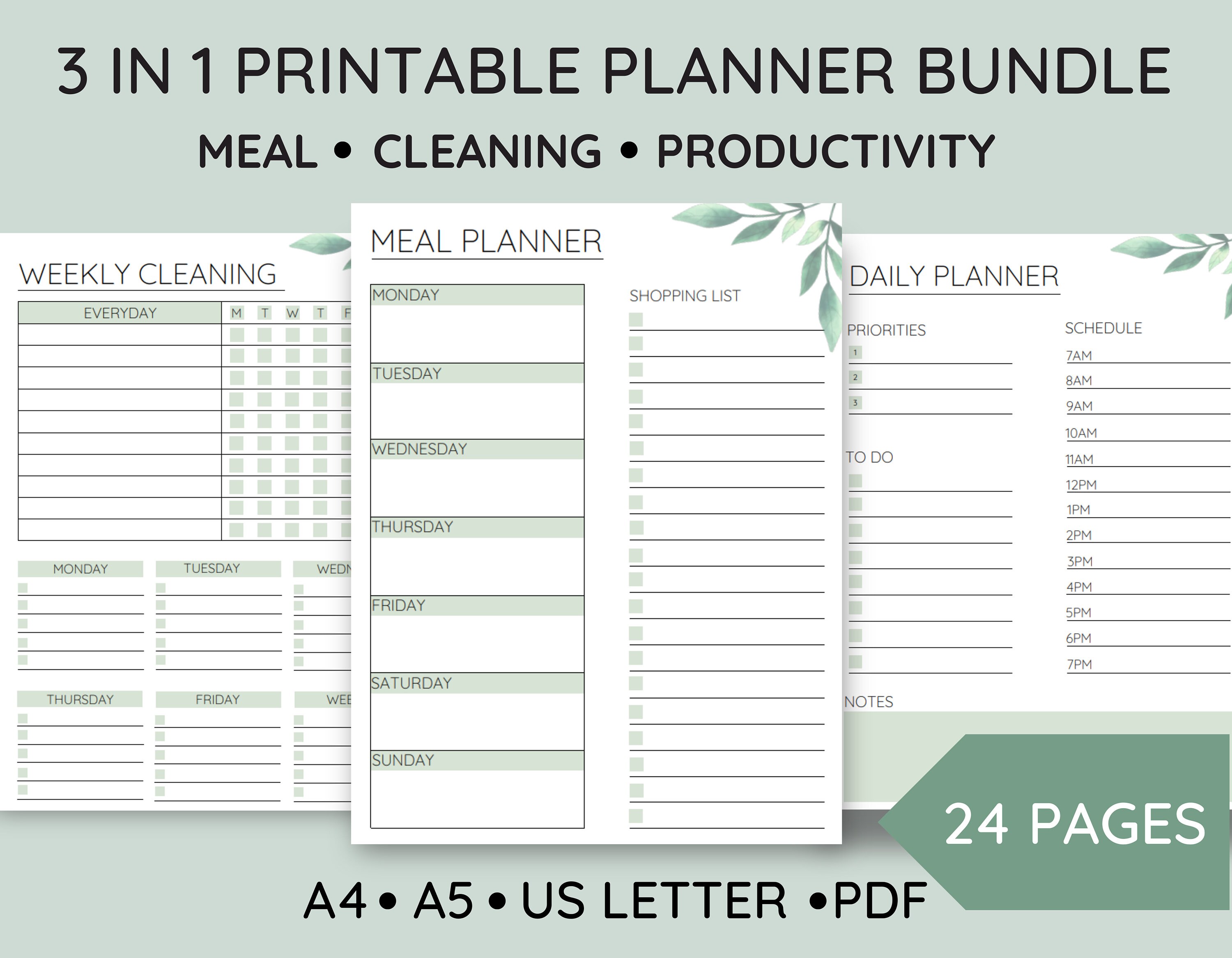 3 in 1 Printable Planning Bundle, 24 Page Meal Planner, Cleaning ...