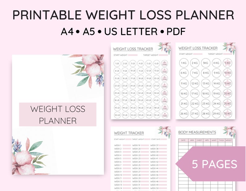 Printable Weight Loss Planner Bundle in Pounds & Kilograms Lbs Kg, Body ...