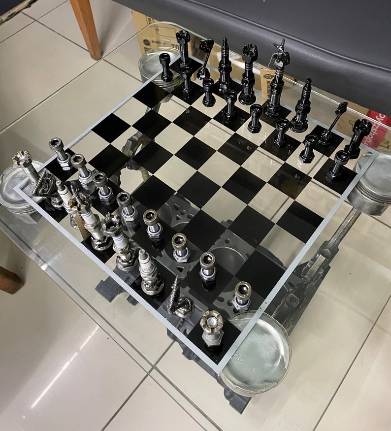 Engine Table With Chess Set // Engine Block Table / Gearhead / - Etsy
