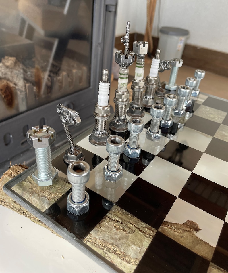 Chess Set From Bolts and Nuts With Glass Game Board / Real Car Engine ...