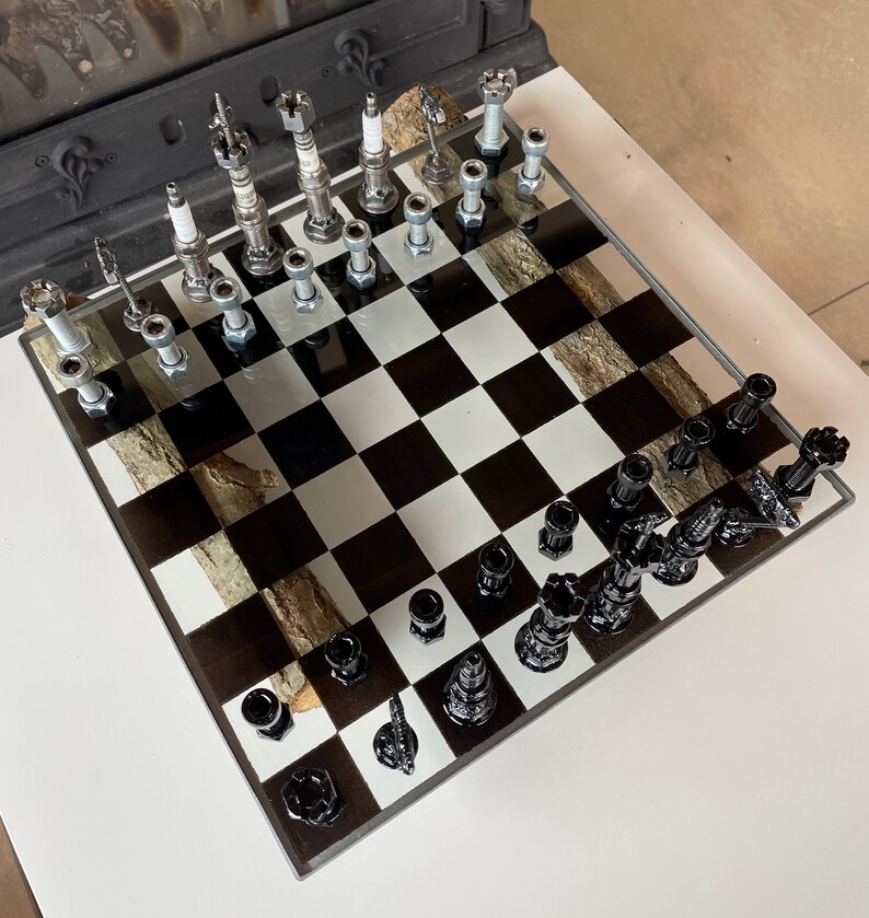 Chess Set From Bolts and Nuts With Glass Game Board / Real Car Engine ...