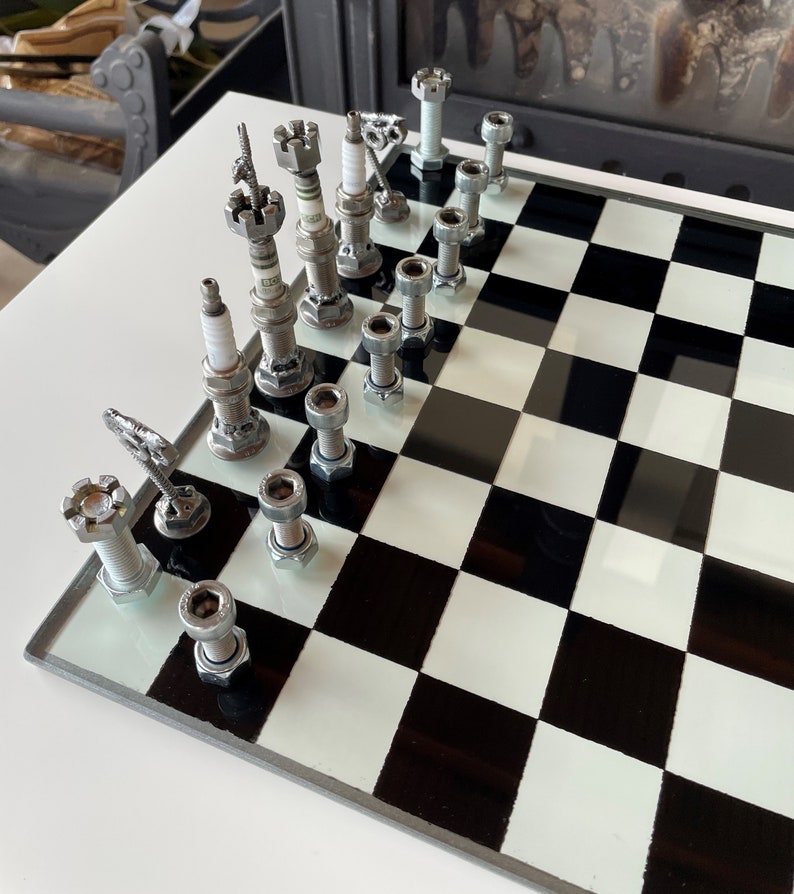 Chess Set From Bolts and Nuts With Glass Game Board / Real Car Engine ...