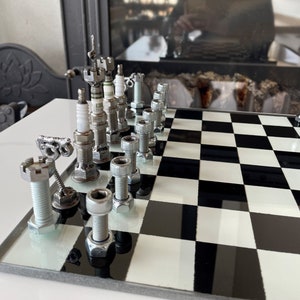 Chess Set From Bolts and Nuts With Glass Game Board / Real Car Engine ...