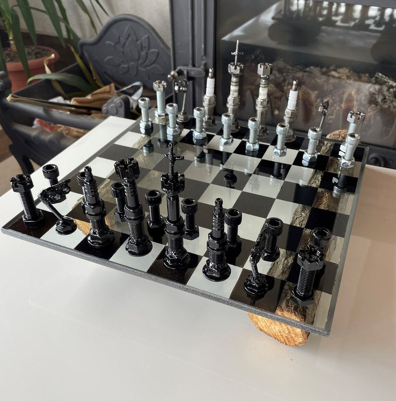 Chess Set From Bolts and Nuts With Glass Game Board / Real Car Engine ...
