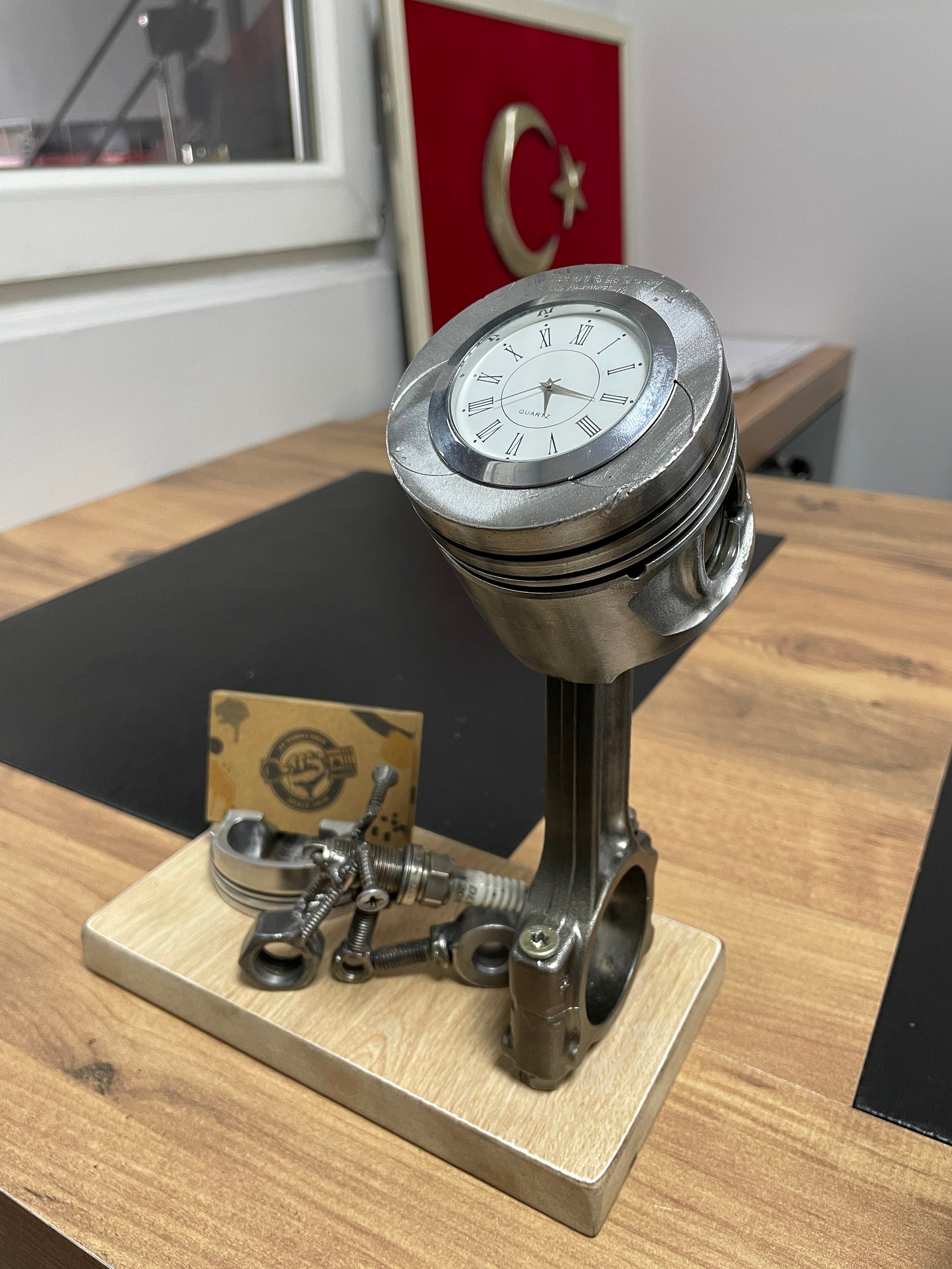 Piston Clock / Real Car Engine Parts / Piston Trinket / Wooden Based ...