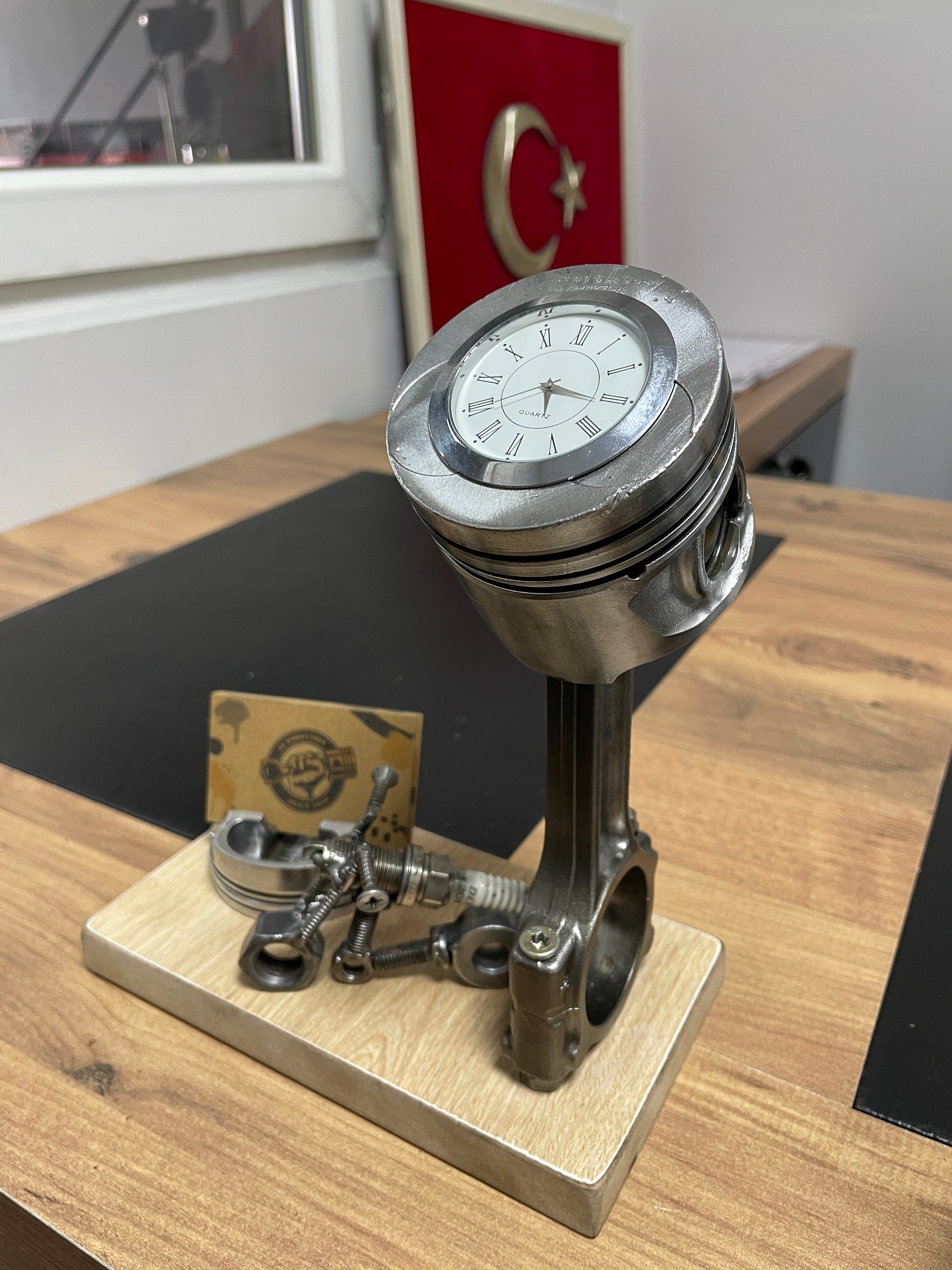 Piston Clock / Real Car Engine Parts / Piston Trinket / Wooden Based ...