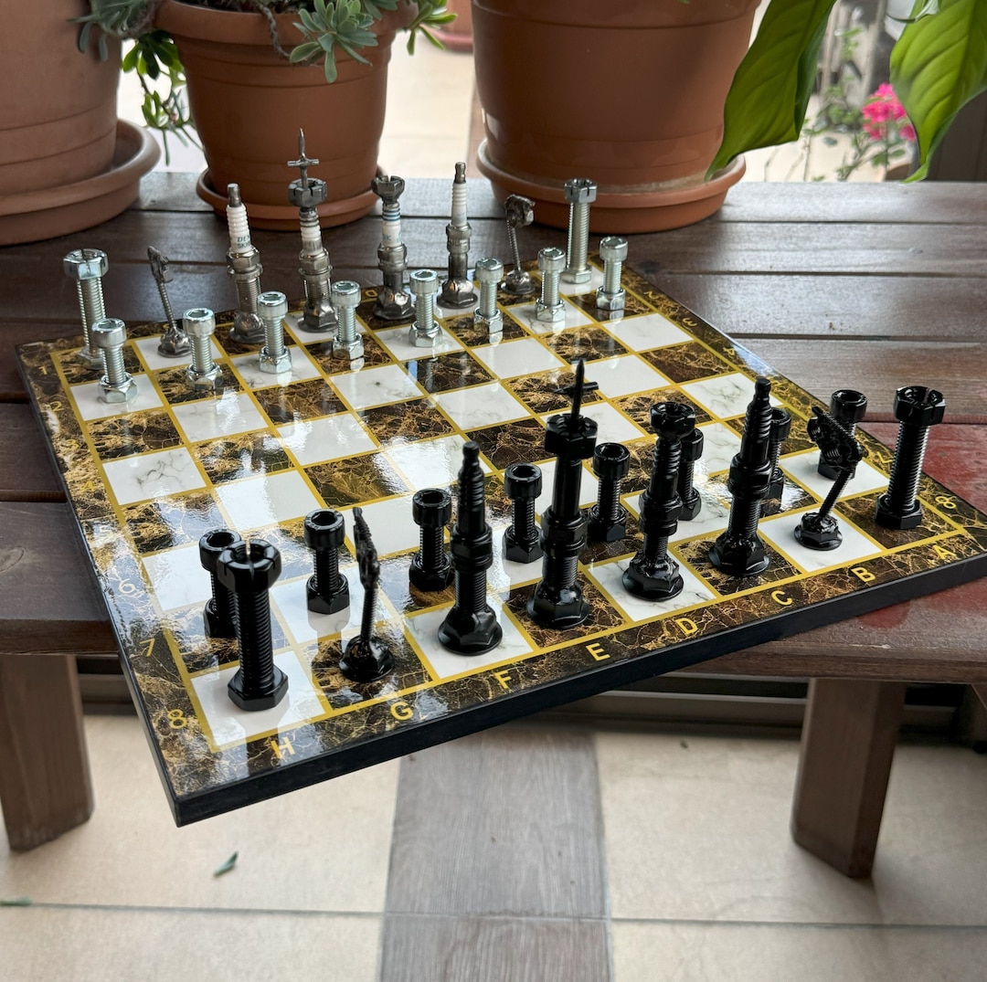 Chess From Bolts and Nuts / Real Car Engine Parts / Golden Board ...