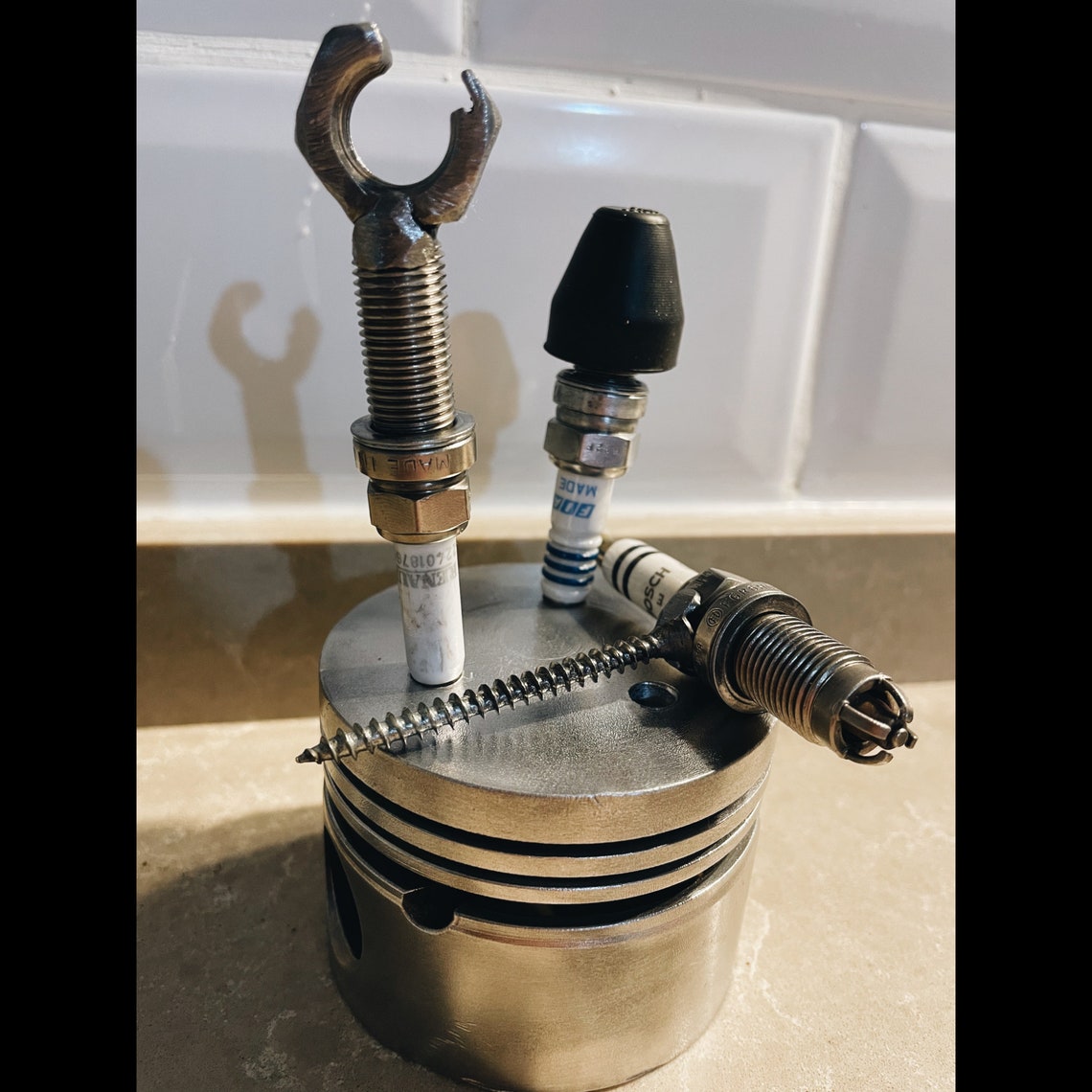 Spark Plug Bar Set - Bottle Opener, Corkscrew, Wine Stopper and Piston ...