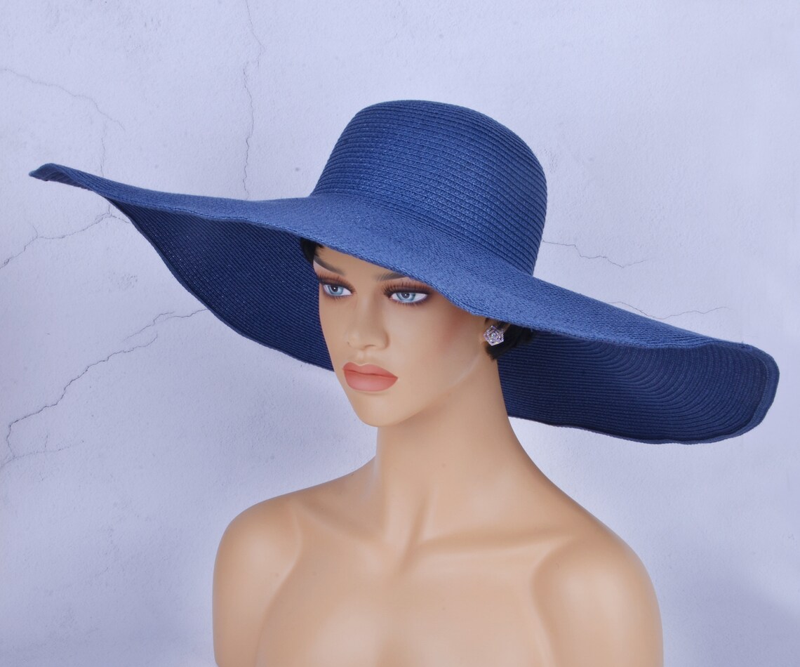Navy Blue Wide Brim Oversized Beach Hats/straw/beach Hat for - Etsy