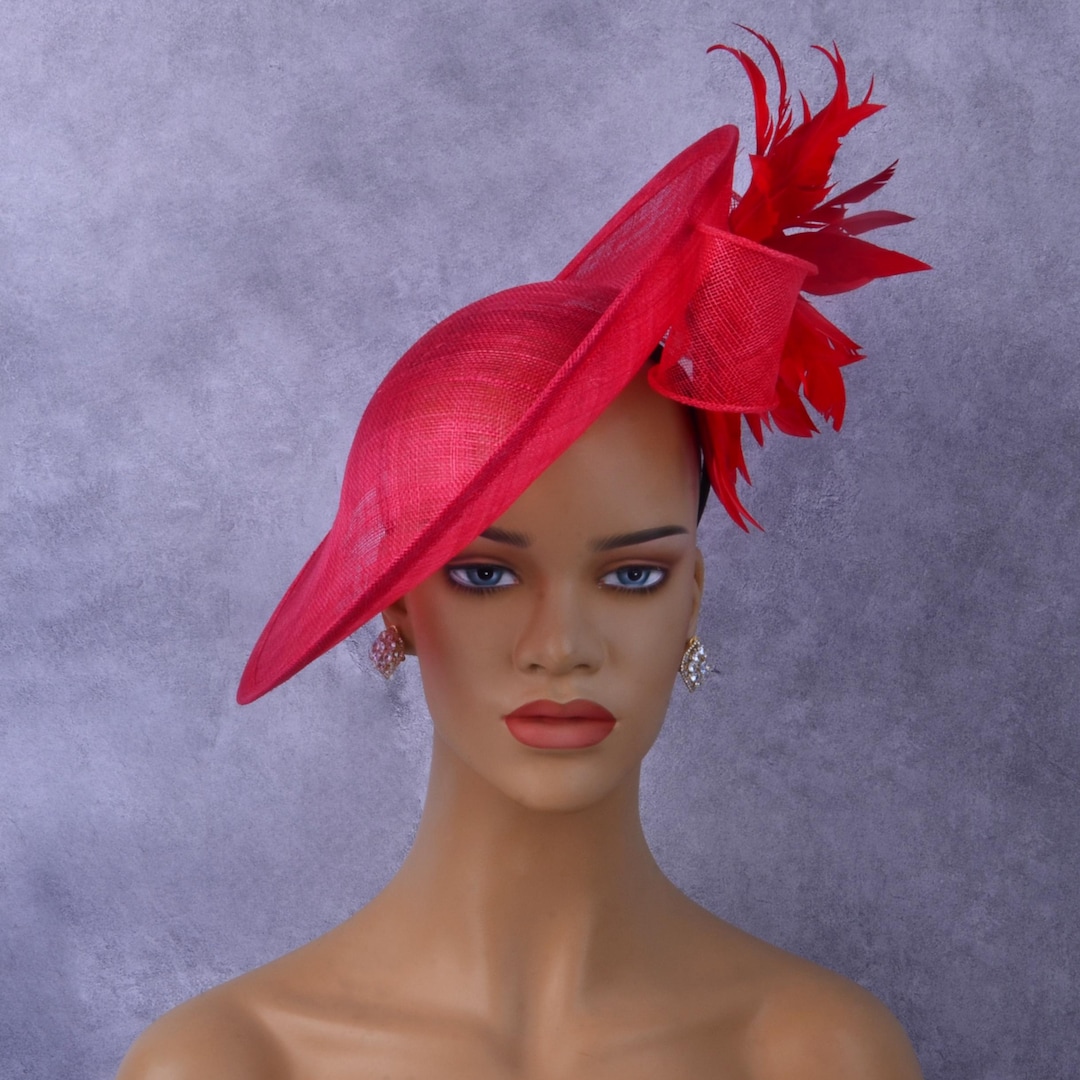 New Red Sinamay Fascinator With Feather Flower,party Hat,church Hat,melbourne Cup,kentucky Derby ...