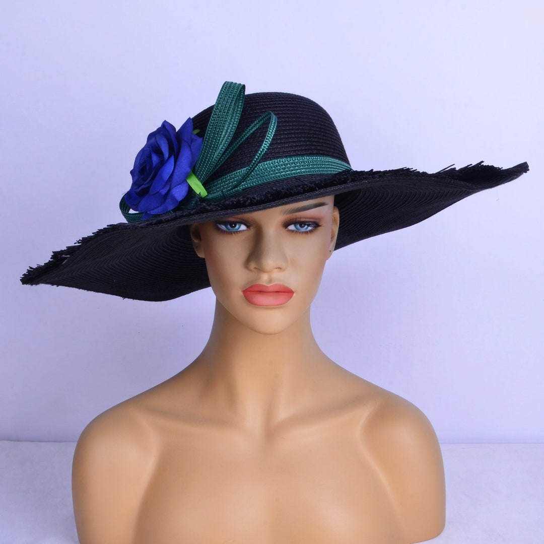 Black Wide Brim Oversized Beach Hats With Flower/straw/beach - Etsy