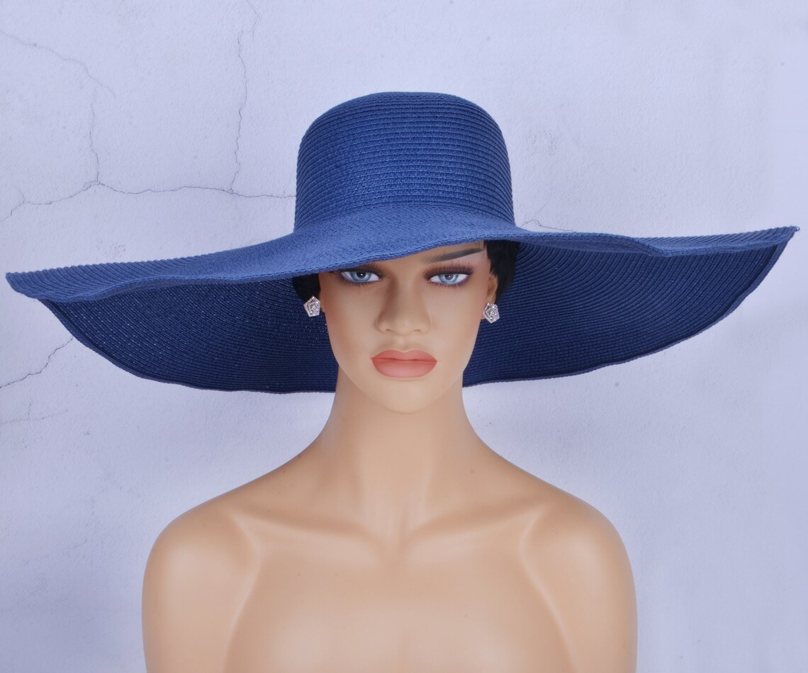 Navy Blue Wide Brim Oversized Beach Hats/straw/beach Hat for - Etsy