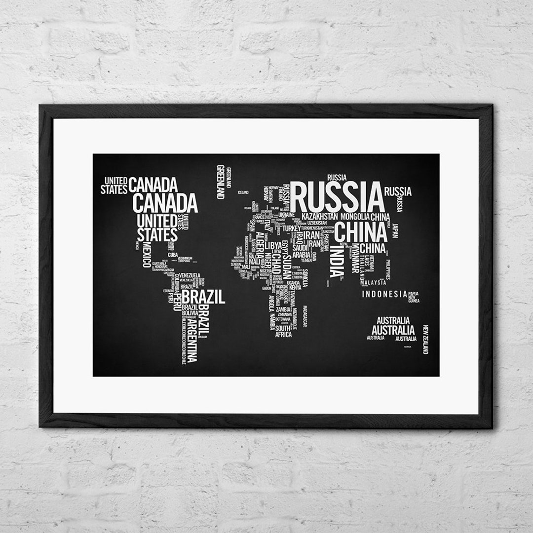 World Map Typo Art Print Typographic World Map Wall Art Poster Black ...