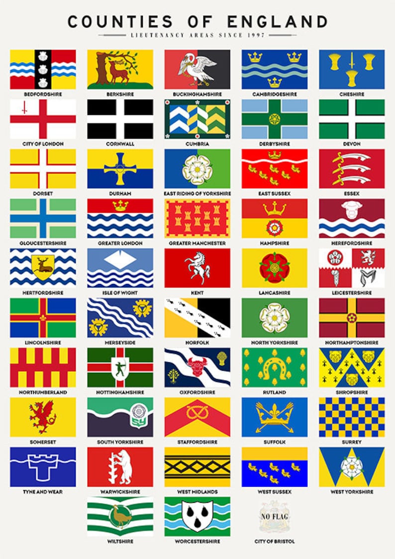 Counties of England - Art Print - British County Flags Poster - Britain ...