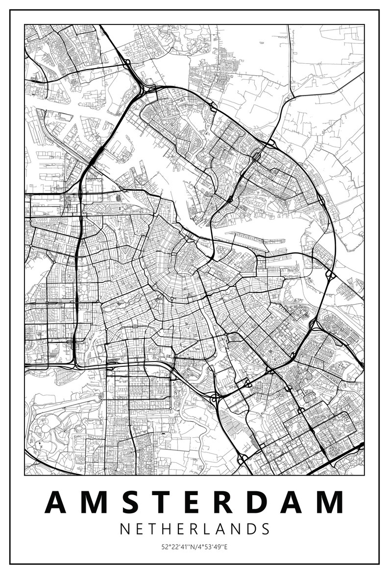 Digital Amsterdam Black & White Map - Minimalist Netherlands Wall Art ...