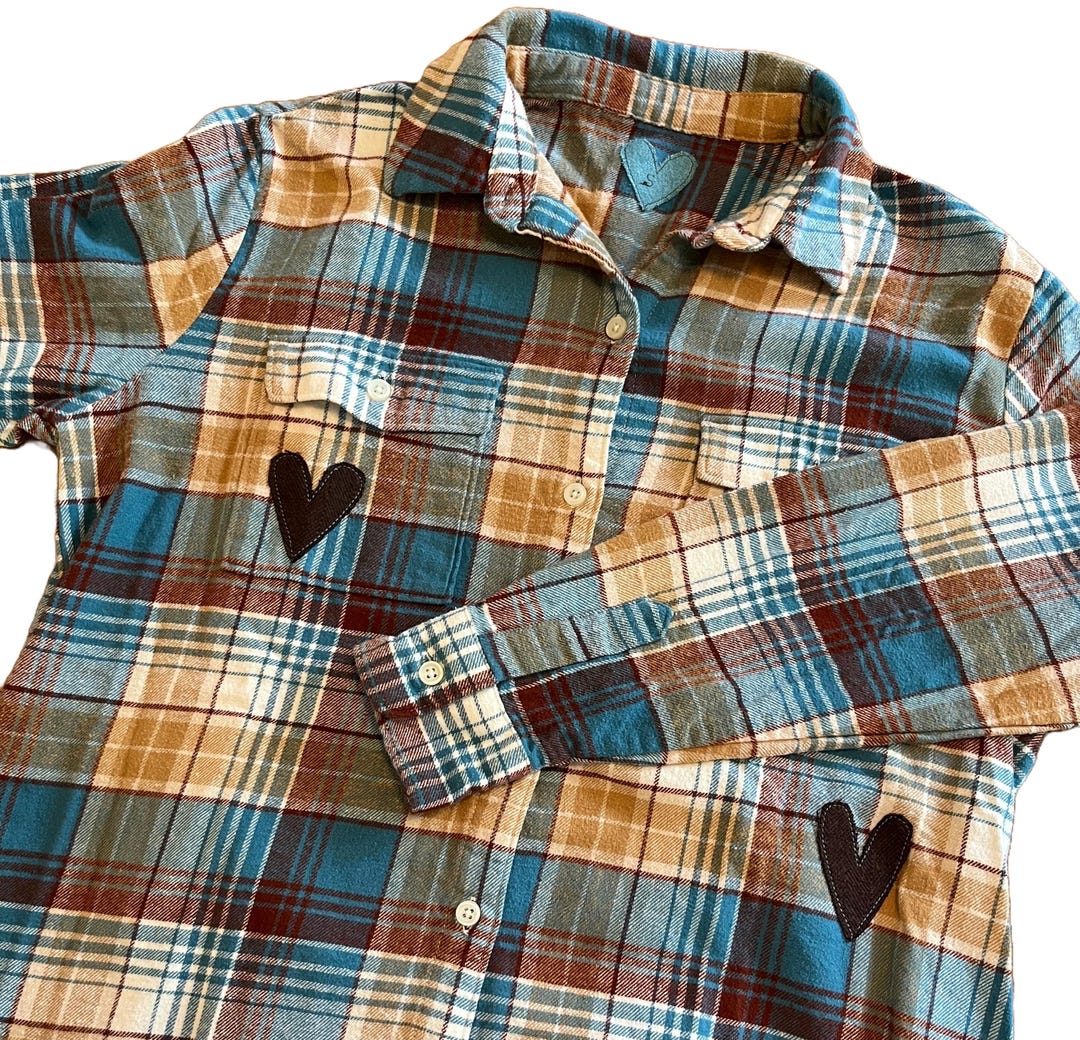 Plaid Flannel Shirt With Brown Heart Appliqués: Soft Cotton - Etsy