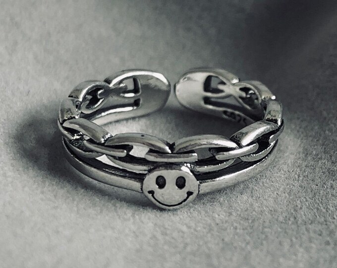 Silver Smiley Face Ring, Stackable Smiley Face Ring, Emoji Ring, Happy ...