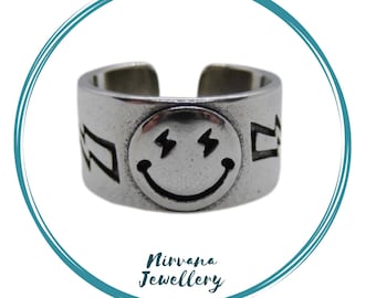 Silver Smiley Face Ring, Stackable Smiley Face Ring, Emoji Ring, Happy Face Ring, Adjustable ...