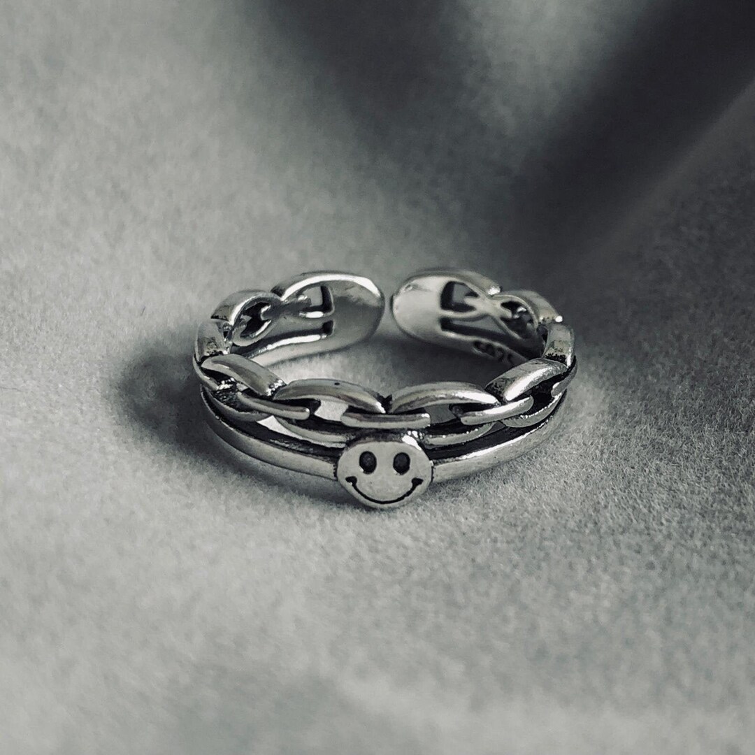 Silver Smiley Face Ring, Stackable Smiley Face Ring, Emoji Ring, Happy ...