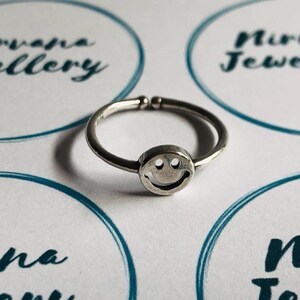 Silver Smiley Face Ring, Stackable Smiley Face Ring, Emoji Ring, Happy Face Ring, Adjustable ...