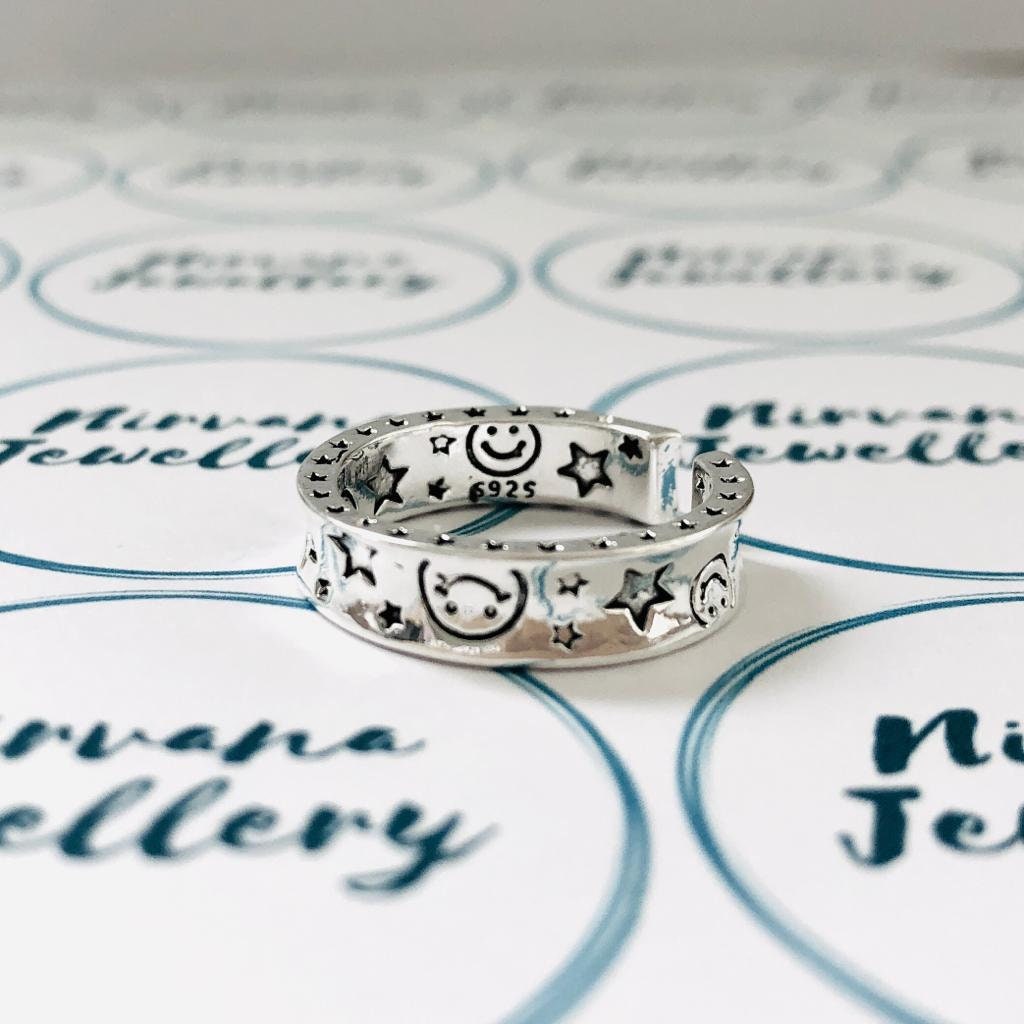 Adjustable Star Lightening Emoji Smiley Face Ring Silver | Etsy