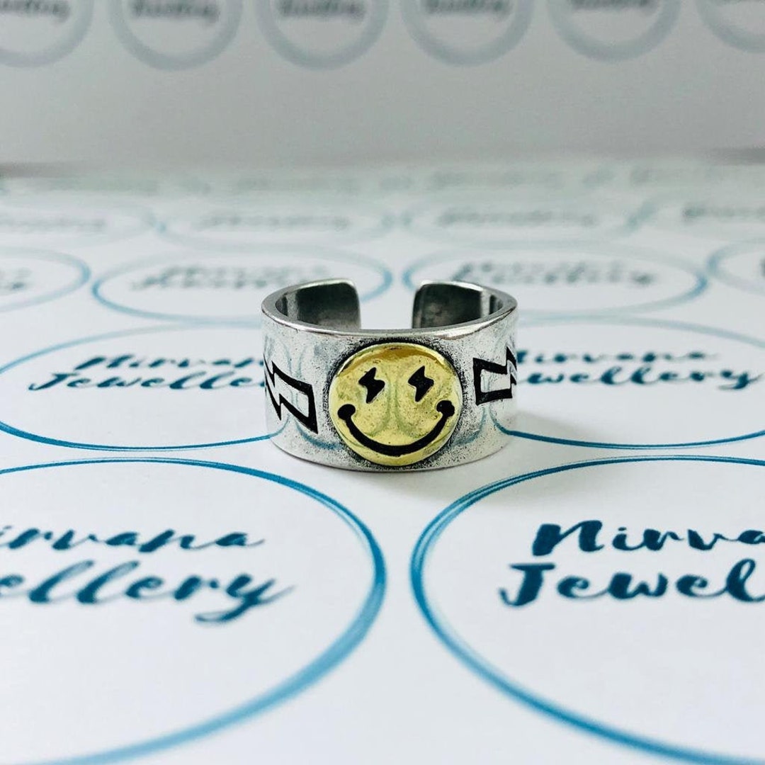 Smiley Face Ring, Stackable Smiley Face Ring, Emoji Ring, Happy Face Ring, Adjustable Ring ...