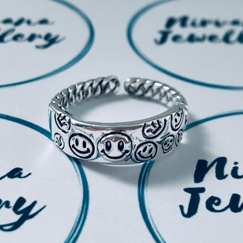 Silver Smiley Face Ring, Stackable Smiley Face Ring, Emoji Ring, Happy ...
