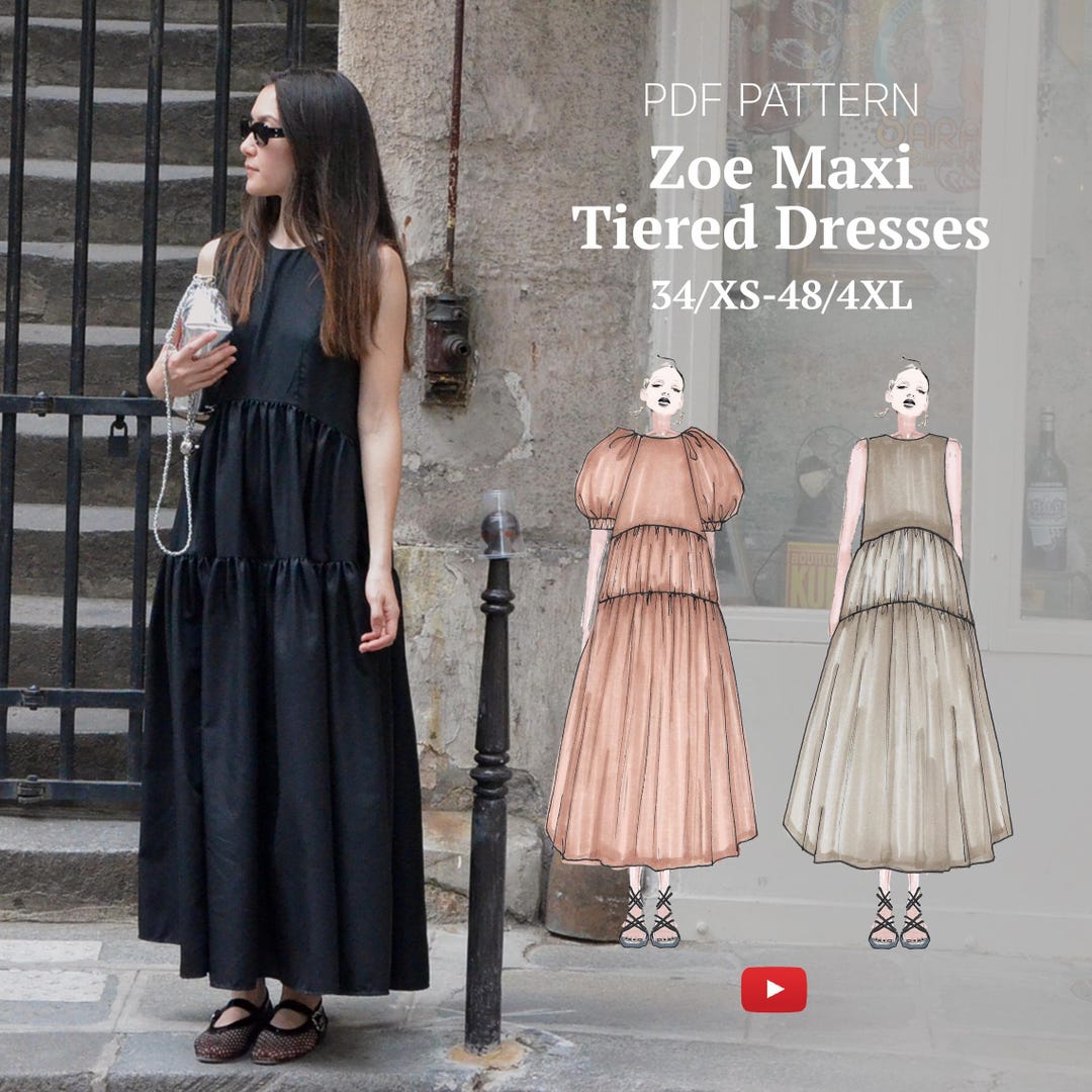 Long Slip on Puff Sleeve Gathered Maxi Tiered Summer Dress PDF Digital ...