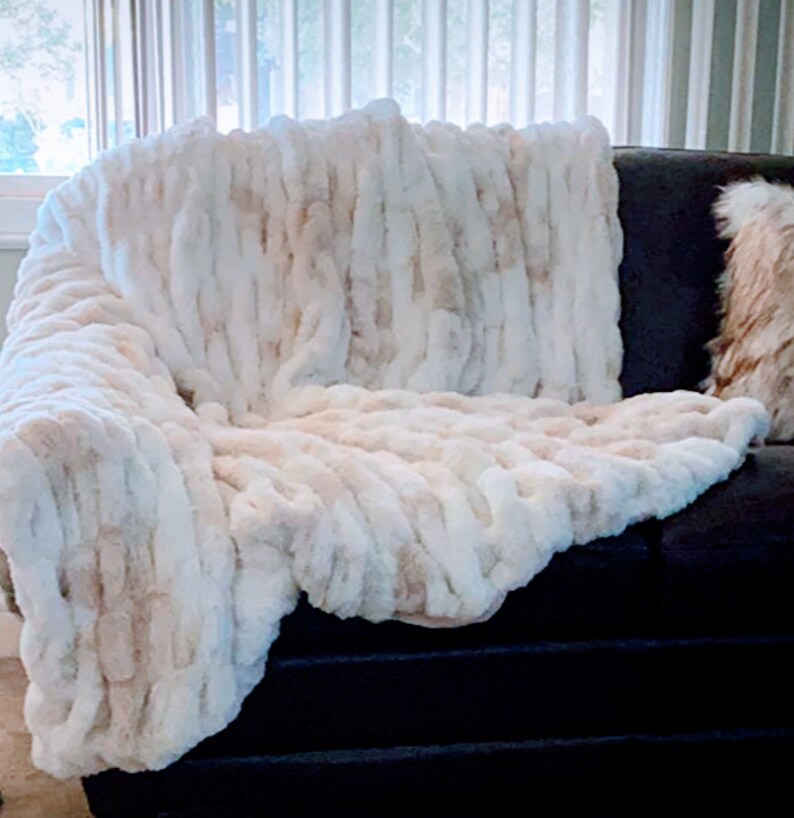 Creamy Beige Rabbit Faux Fur Textured Soft Fluffy Throw Decorative Cozy ...