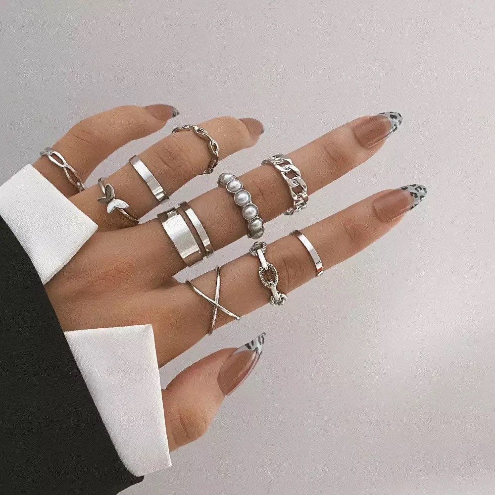 10 Piece Gold Ring Set Silver Rings Pearl Ringset - Etsy