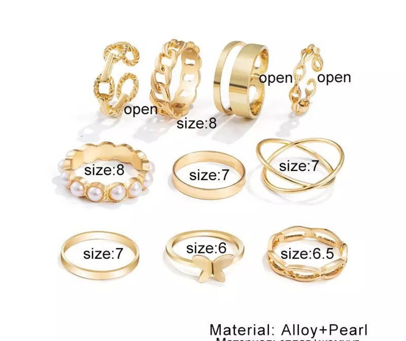10 Piece Gold Ring Set Silver Rings Pearl Ringset - Etsy