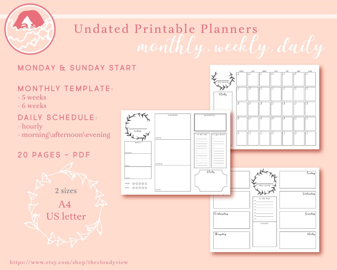 Undated Printable Planner | Daily| Weekly| Monthly| Planner Inserts ...