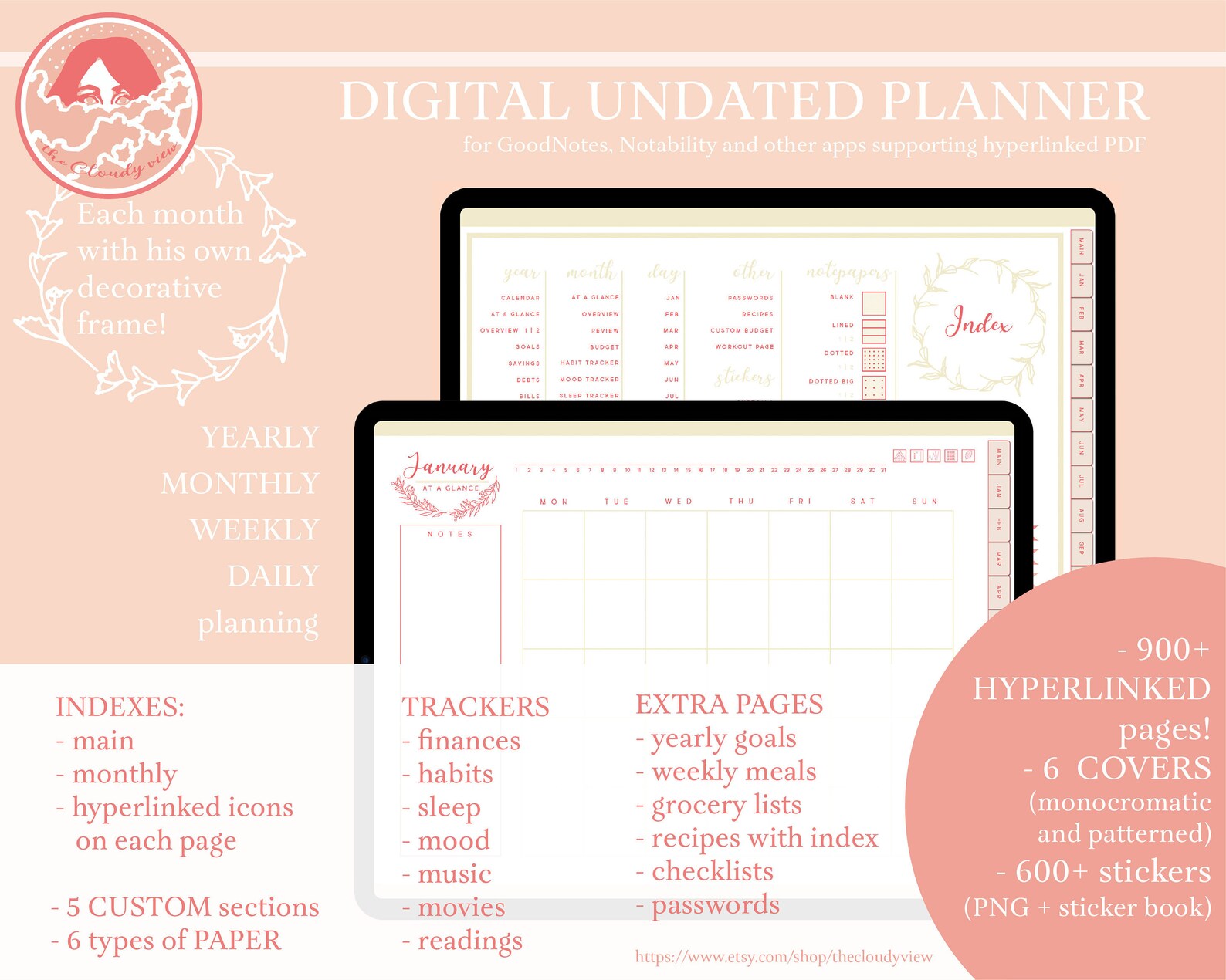 Undated Hyperlinked Digital Planner, for Goodnotes, Notability and ...