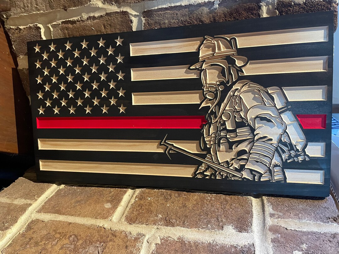 Carved Thin Red Line Firefighter Flag, Hero, Officer, Volunteer ...