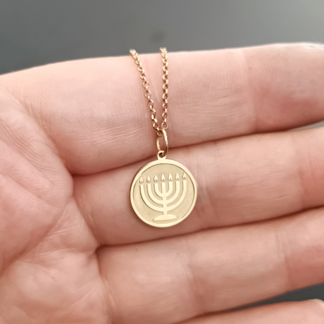 Real 14k Solid Gold Minimal Menorah Necklace,, Menorah Necklace Charm ...