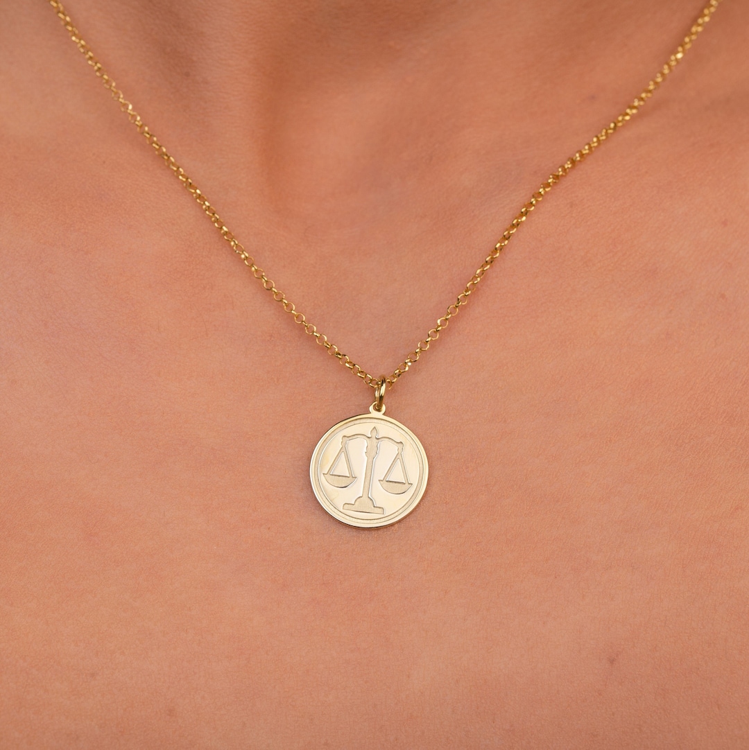 14K Real Solid Gold Scale of Justice Necklace, Personalized Scale of ...