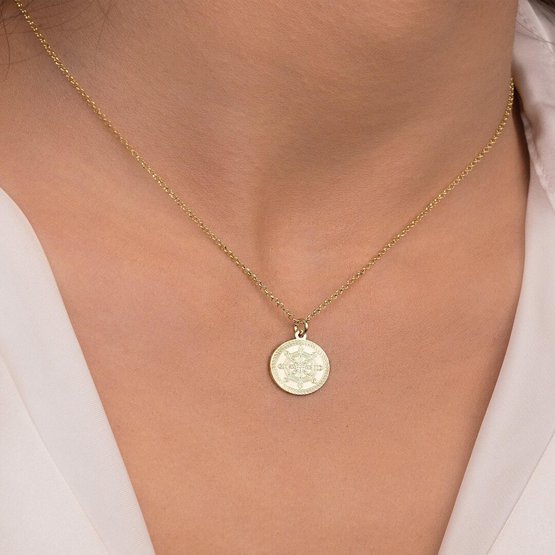14k Gold Dharma Wheel Necklace, 14k Gold Dainty Dharma Wheel Pendant ...