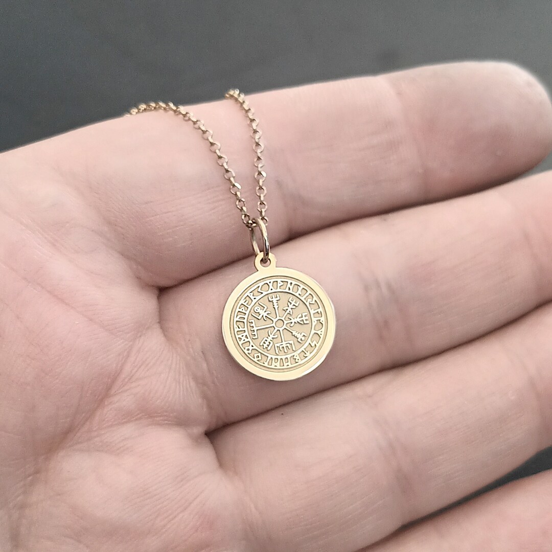 14K Real Solid Gold Vegvisir Vikings Compass Necklace , Personalized ...