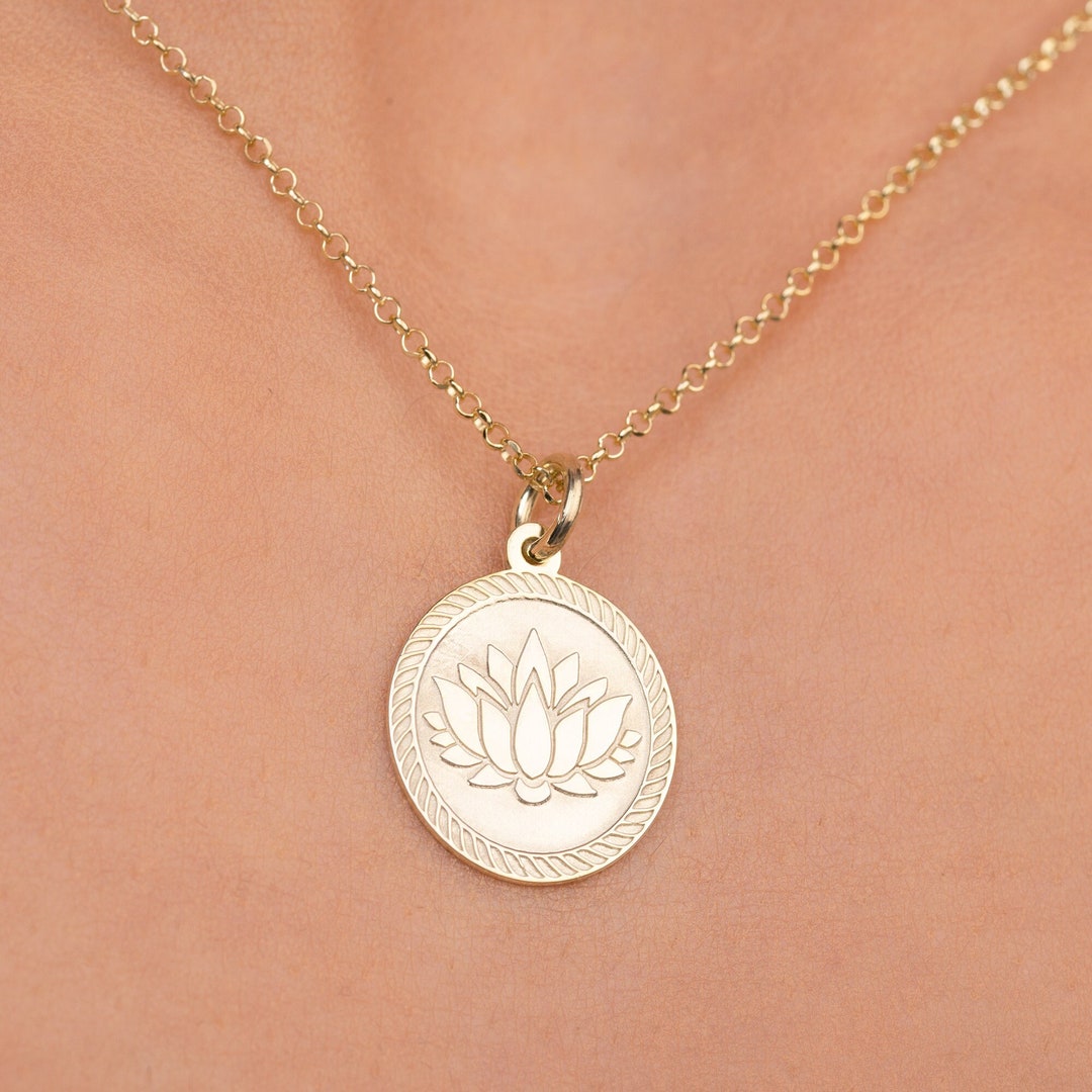 14k Solid Gold Lotus Flower Necklace, Personalized Lotus Flower Pendant ...